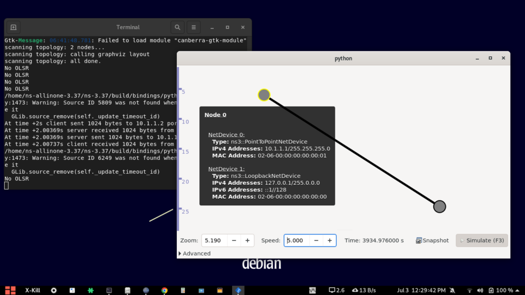 Live, interactive visualization of ns3 simulation with PyViz